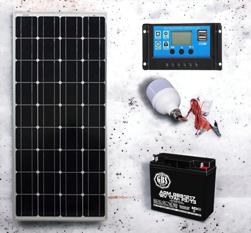 Kit solar cu panou fotovoltaic 100W Controller 30A Bec 12W si Acumulat ...