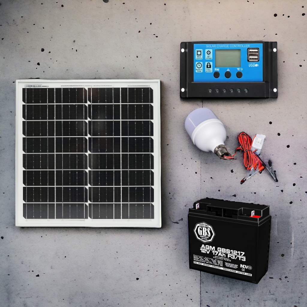 Kit Fotovoltaic Panou 30W Controller 30A Bec 12W si Acumulator 17Ah ...